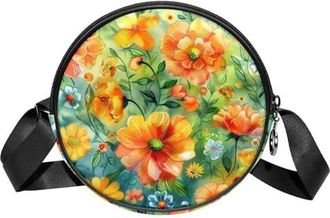 Generic Sac &agrave; bandouli&egrave;re rond pour femme, motif fleurs color&eacute;es, petit sac &agrave; bandouli&egrave;re avec fermeture &eacute;clair, bretelles r&eacute;glables, sac &agrave; main rond d&eacute;contra