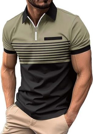 Generic Polo pour homme avec fermeture éclair - Polo à manches courtes à rayures - Polo en coton - Coupe droite - T-shirts de golf pour homme - T-shirt dété -