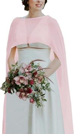Generic NYSBH Cape longue en mousseline de soie pour mariage - Col rond - Ch&acirc;le &eacute;l&eacute;gant - Ivoire - 11 couleurs, Rose (n&deg;37), back length 1.3m
