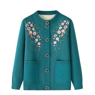 Generic Pull &agrave; revers brod&eacute; pour personnes &acirc;g&eacute;es, cardigan ample en velours tricot&eacute; &agrave; col rond, pulls &agrave; manches longues, v&ecirc;tements dautomne et dhiver, bleu, X