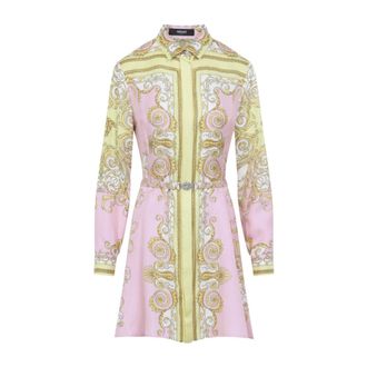 Versace Femme, Robes, Multicolore, Taille: 38 FR Mini robe chemise &agrave; manches longues en twill de soie avec imprim&eacute; Spring Barocco et ceinture Medusa amovible