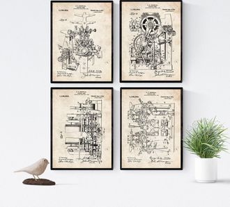 Nacnic Vintage Druckerei Patent Poster 4-er Set. Vintage Stil Wanddekoration Abbildung von Druckpresse und B&uuml;ro Maschinen. Verschiedene geometrische Alte Erf