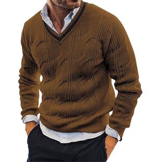 Generic Pull tricot&eacute; pour homme, pull en tricot torsad&eacute;, col en V, pull &eacute;pais &agrave; manches longues, pull de cricket &eacute;pais, pull de cricket de couleur unie, pull 