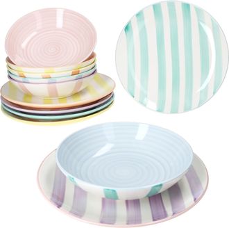 MamboCat Beach Pastello Stripes 12tlg Tafelservice I Steingut-Geschirr mit Pastell-Streifen für 6 Personen I 6X Speiseteller & 6X Suppenteller für Frühstück, M