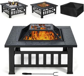 Costway Costway - 3 in 1 Feuerschale mit Gitter/ Rost/ Grill/ Sch&uuml;rhaken/ Abdeckung, Outdoor-Feuerstelle 81 x 81 cm Feuerkorb