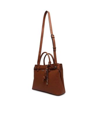 Guess Structured Leather-Look Satchel - Brown