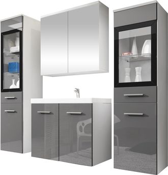 Mirjan24 Badm&ouml;bel Set Madrit II mit Waschbecken und Siphon, Komplettprogramme f&uuml;r Spiegelschrank, Waschtisch, Hochschrank (Wei&szlig;/Grau Hochglanz, ohne Beleuchtun