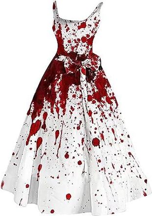 Generic Halloween Robes pour Les Femmes, MéDiéVal pour Femmes Robe Maxi sans Manches éPaule Froide Steampunk Robe Corset Bloody Imprimer VêTements Gothiques C
