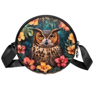 Generic Sac &agrave; bandouli&egrave;re rond pour femme, motif hibou, fleurs, sac &agrave; dos avec fermeture &eacute;clair, bretelles r&eacute;glables, sac &agrave; main rond d&eacute;contract&eacute; pour femmes 