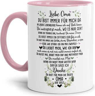 Tassendruck Tasse mit Spruch f&uuml;r Oma - Danke Oma - Geschenk f&uuml;r die Beste Oma - Keramik Innen & Henkel Rosa, 300 ml