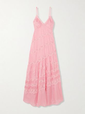LoveShackFancy Idalia Maxikleid Aus Seidensatin Mit Spitzeneins&auml;tzen - Pink