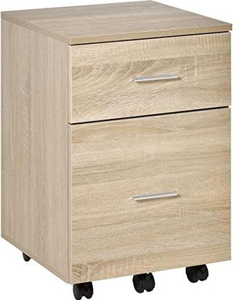 HOMCOM Vinsetto Caisson de bureau caisson de rangement mobile 2 tiroirs 5 roulettes en panneau de particules 39,5 x 39 x 58,5 cm ch&ecirc;ne