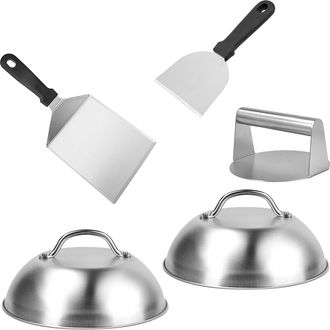 Relaxdays Smash Burger Set, 5-teilig, Burgerpresse, 2 Schmelzglocken & 2 Grillspachteln, Patty Maker, Edelstahl, Silber