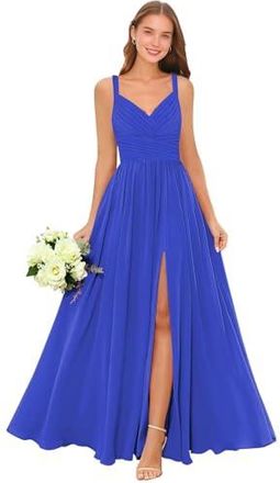 Generic Robe de demoiselle dhonneur en mousseline de soie avec col en V et bretelles spaghetti, longue robe de soirée froncée avec fente, bleu marine, 52 Gran