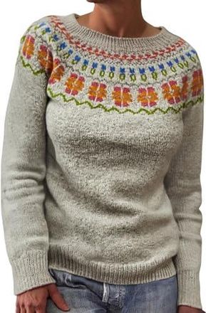 Generic Pull pour femme - Imprim&eacute; vintage - Col rond - Pull surdimensionn&eacute; en tricot &agrave; manches longues - Pull habill&eacute; tendance &agrave; rayures - Confortable - Doux 