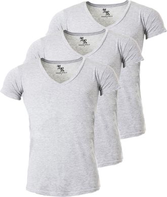 Young & Rich Herren Uni T-Shirt mit extra tiefem V-Ausschnitt Slimfit Stretch Dehnbare Passform einfarbiges Basic Shirt - 3er Pack, Gr&ouml;sse:XXL, Farbe:Hellgrau