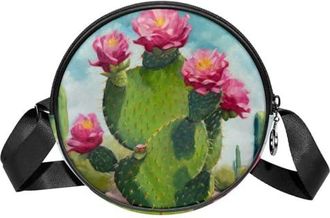 Generic Petit sac &agrave; bandouli&egrave;re rond pour femme, motif fleurs de cactus avec fermeture &eacute;clair, bretelles r&eacute;glables, sac &agrave; main rond d&eacute;contract&eacute; pour femmes et