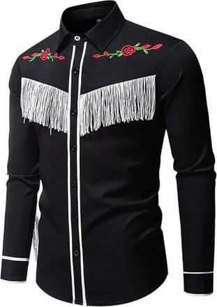 Generic Chemise &agrave; manches longues pour homme - Coupe ajust&eacute;e - Facile &agrave; repasser - Avec broderie - Col rabattu - Chemise &agrave; manches longues - Boutonni&egrave;re dissi