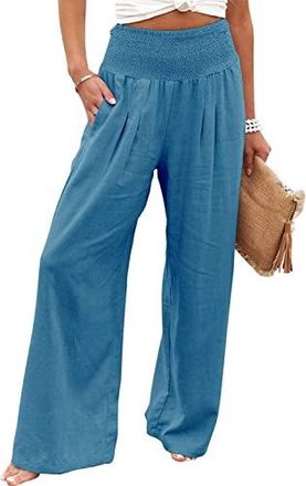 Lazutom Pantalon en coton et lin pour femme - Taille haute élastique - Jambe large - Pantalon de détente décontracté et ample, bleu, 46