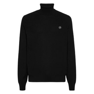 Philipp Plein Homme, Pulls, Noir, Taille: 2XL Pull Col Roul&eacute; Tricot&eacute; M&eacute;lange Laine et Soie