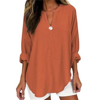 Generic Chemisier Femme Coton Lin Grande Taille De Loisirs Chemises D&eacute;t&eacute; &Agrave; Manches Longues Col en V Profond Amples Tops L&eacute;g&egrave;re Confortable Tunic &Agrave; La Mode Cot