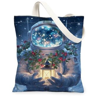 Generic Sacs fourre-tout en toile motif astronaute, motif vacances dhiver, sacs d&eacute;picerie r&eacute;utilisables, l&eacute;gers et lavables avec bandouli&egrave;re C, Bleu, 13x15 In