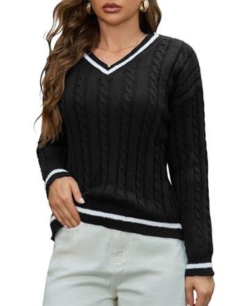 Generic Pull d&eacute;contract&eacute; &agrave; manches longues et col en V pour femme - Pull tendance en tricot torsad&eacute; c&ocirc;tel&eacute; &agrave; &eacute;paules tombantes - Haut Preppy ray&eacute; aux couleurs