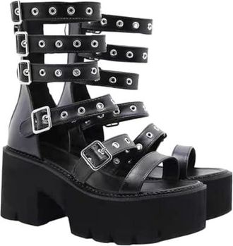 IFUNDOM Sandales pour Femme d&Eacute;t&eacute; &agrave; Talons &Eacute;pais Semelle Plate-Forme Bride en Cuir Boucle Couleur Noire Taille 38 Chaussures Estivales Confortables pour Usage 