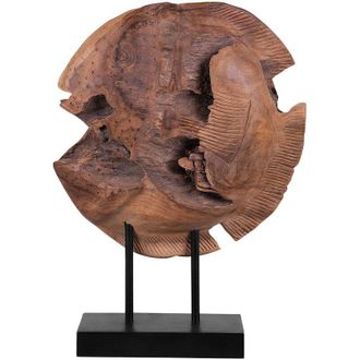 Beliani D&eacute;coration sur Pied en Silhouette de Poisson Sculpt&eacute; dans le Bois de Teck Id&eacute;al sur une Biblioth&egrave;que et autres Meubles en Bois Beliani
