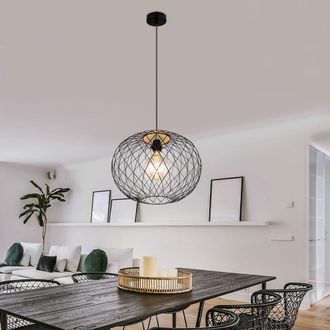 Globo Lighting Hängelampe Pendelleuchte Käfig-Design Holz Textilkabel schwarz braun H 150 cm