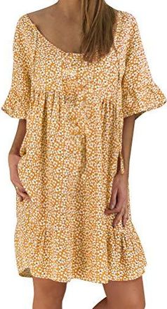 Onsoyours Robe Femme Manche Courte Col en V Imprimer Mini Robe Grande Taille Été Mode Chemise Robe de Plage B Jaune FR 42