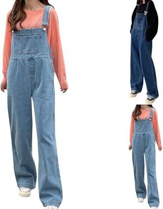 Generic Salopette en jean pour femme - Longue - Baggy - Jambes larges - Combinaison en jean confortable - Pantalon de travail d&eacute;contract&eacute; - Pantalon ample &agrave; b