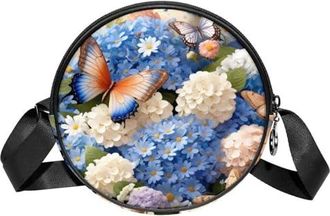 Generic Sac &agrave; bandouli&egrave;re rond pour femme, marguerites, fleurs, papillons, petit sac &agrave; bandouli&egrave;re avec fermeture &eacute;clair, bretelles r&eacute;glables, sac &agrave; main rond