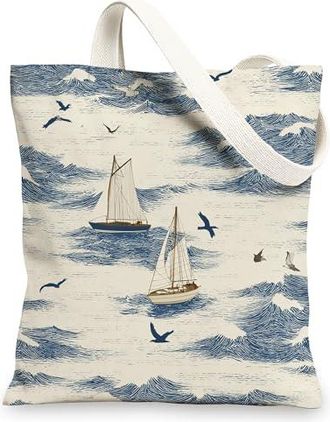 Generic Sacs fourre-tout en toile nautique, sacs dépicerie réutilisables, légers et lavables avec bandoulière, bleu, 13x15 Inch