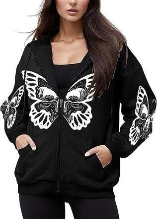 Generic Vestes pour femmes &agrave; motif squelette &agrave; capuche pour filles, veste dautomne surdimensionn&eacute;e, sweat d&eacute;contract&eacute; avec cordon de serrage, fermeture &eacute;clair