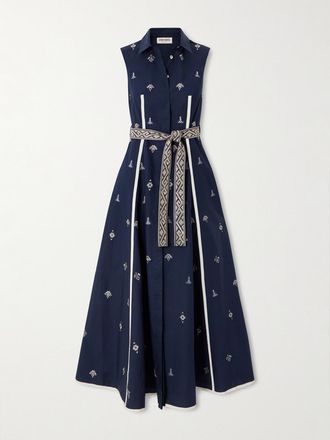 Emporio Sirenuse Midikleid Aus Baumwollpopeline Mit Stickereien Und Bindegürtel - Blau