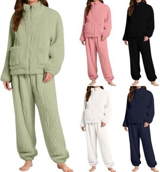 Generic Ensemble de pyjama en polaire pour femme - En flanelle moelleuse - Chaud - Fermeture éclair intégrale - Vêtement de nuit décontracté et confortable - 