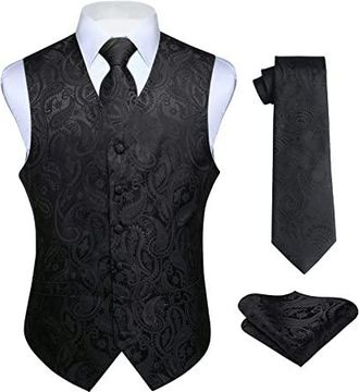 Hisdern Hisdern - Ensemble pour homme en tissu jacquard avec gilet à motif cachemire, cravate à motif et mouchoir de poche - Pour mariage et fête - XS-6XL, No