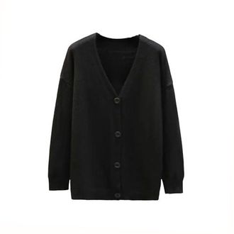 Generic Cardigan cor&eacute;en &agrave; col en V &agrave; manches longues &eacute;l&eacute;gant &agrave; simple boutonnage d&eacute;contract&eacute; pour femme, noir, Taille Unique