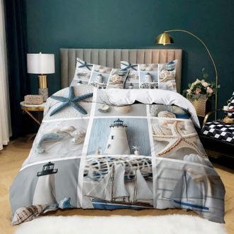 Generic Geometrie Bettw&auml;sche 155x220 Muschel-Leuchtturm mit Meeresmotiv Bettw&auml;sche-Sets Weiche Atmungsaktiv Hautfreundlich Mikrofaser Bettbezug mit Rei&szlig;versch