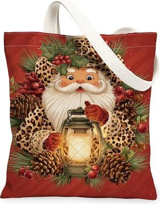 Generic Sacs fourre-tout en toile avec motif lanterne de No&euml;l, sacs d&eacute;picerie r&eacute;utilisables, r&eacute;tro l&eacute;gers et lavables avec bandouli&egrave;re C, Rouge, 13x15 Inch