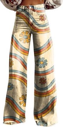 Generic Jean évasé pour femme avec poches - Imprimé floral vintage - Taille haute - Pantalon ample - Imprimé, 22, 4XL