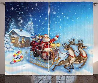 Abakuhaus No&euml;l Rideaux, P&egrave;re No&euml;l dans Jouets Sleigh, D&eacute;coration Int&eacute;rieure Accent Lot de 2 Panneaux, 280 x 245 cm, Bleu Nuit Rouge