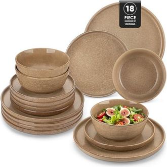 VANCASSO S&eacute;rie ANYA Service de Table Complet 18 Pi&egrave;ces pour 6 Personnes, Vaisselle en Gr&egrave;s - 6 Assiettes Plates, 6 Assiettes &agrave; Dessert et 6 Bols - Adapt&eacute; au Mi