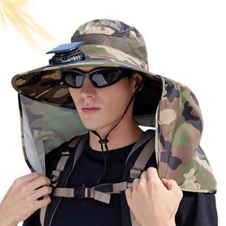 Generic Chapeau de ventilateur solaire - Chapeau rafra&icirc;chissant pour randonn&eacute;e - Large bord respirant UPF50+ avec ventilateur solaire pour camping, p&ecirc;che, ext