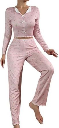 Generic Pyjama &agrave; manches longues pour femme, v&ecirc;tement de nuit doux et confortable, t-shirt &agrave; manches courtes et pantalon &agrave; taille &eacute;lastique, l&eacute;ger, respirant,