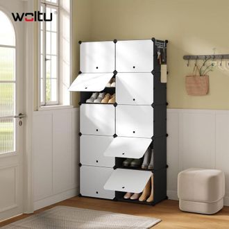 Woltu Woltu - Meuble Chaussure pour 40 Paires, Bo&icirc;te &agrave; Chaussures Empilable avec Portes, 10 Compartiments, en Plastique, Blanc+Noir