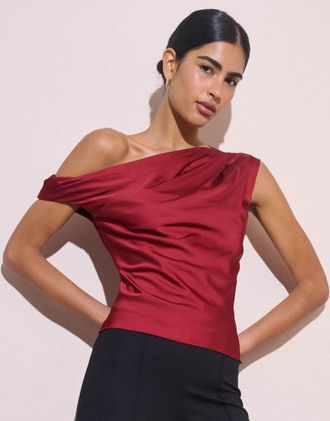Nobody's Child Katty Satin-One-Shoulder-Top mit Kappen&auml;rmeln und Falten-Detail in Rot