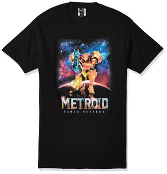 Nintendo Herren Traditionelles T-Shirt mit Metroid-Abdeckung Hemd, Schwarz, L