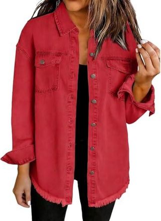 Generic Veste d&eacute;contract&eacute;e en jean &agrave; manches longues pour femme avec ourlet effiloch&eacute;, Rouge, XXL